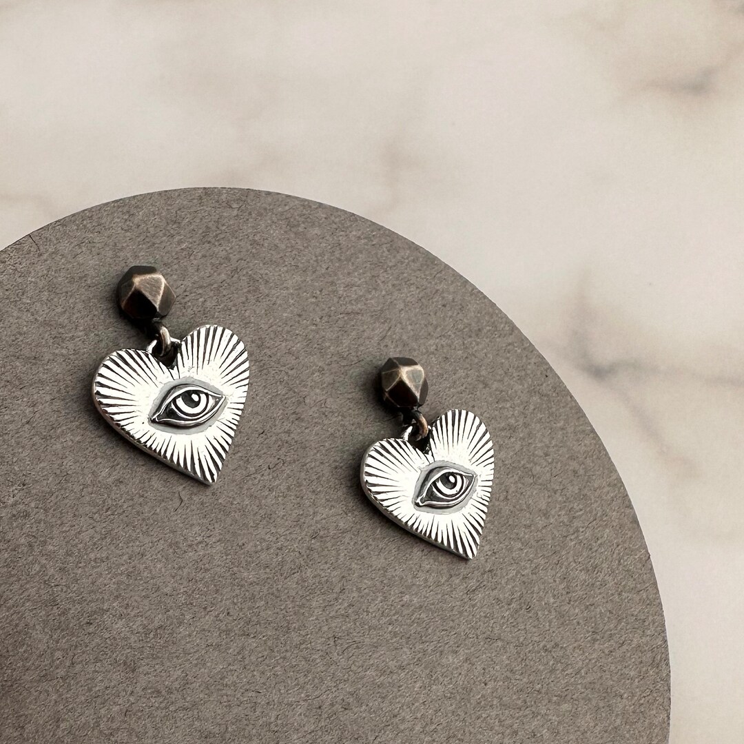Sterling Silver Radiant Heart and Eye Earrings With Faceted Nugget Post ...