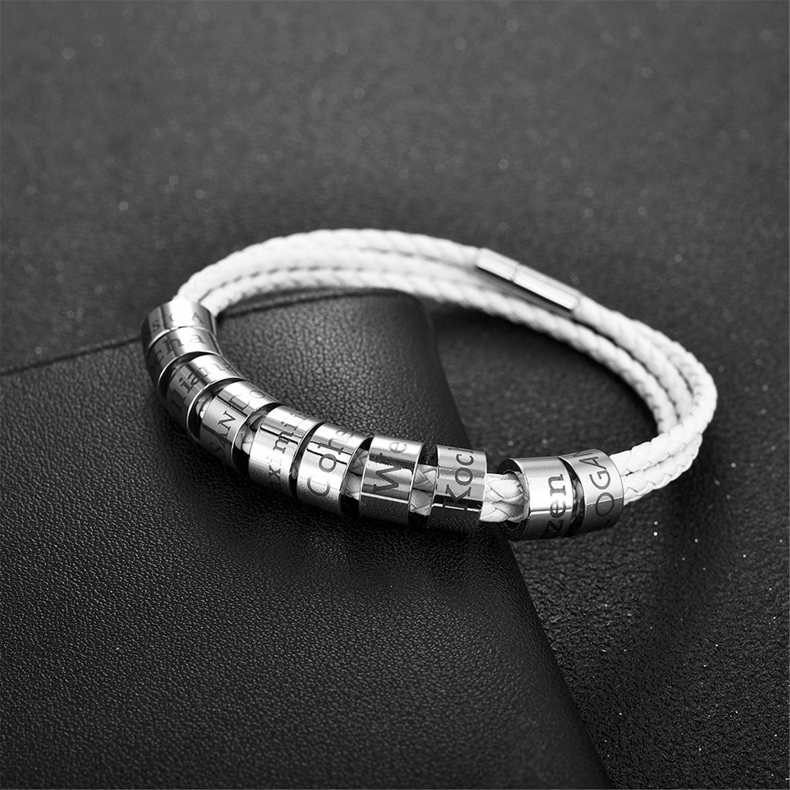 Personalized Family Names Bracelet Genuine Leather Custom Text Beads ...