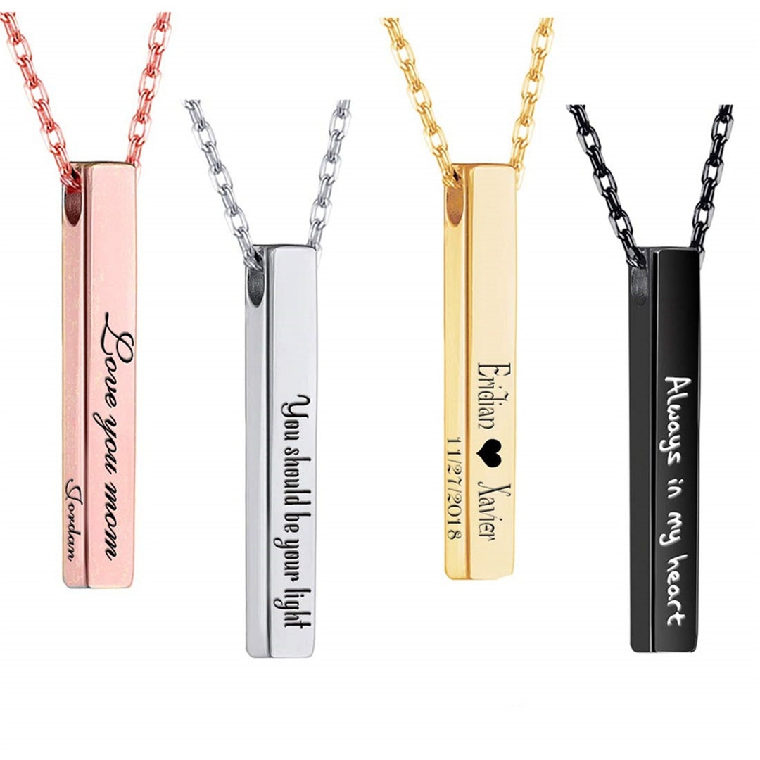 Personalized Engrave Monogram Bar Necklace Four Sides Engraving Square ...