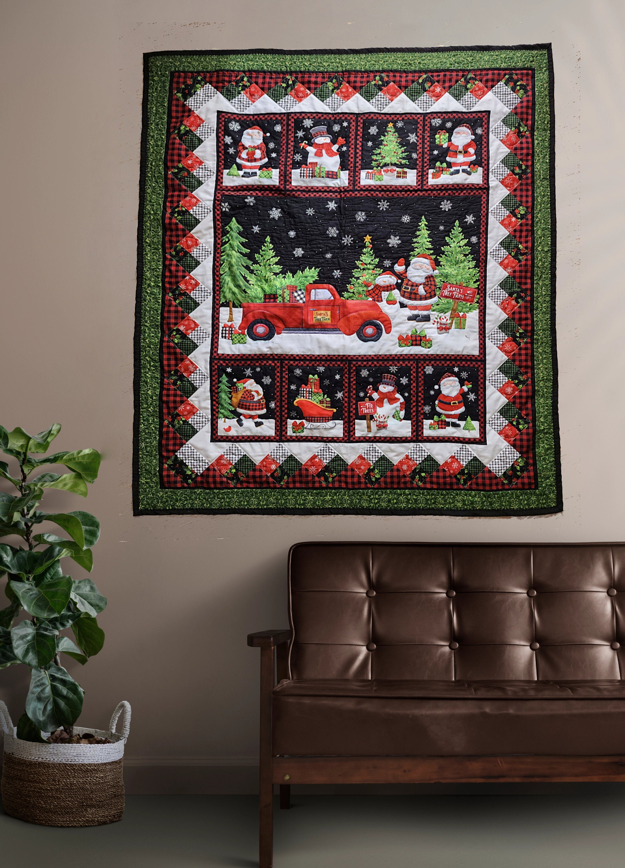 Santas Tree Farm Wall Quilt. Santa With His Red Truck and Friends ...