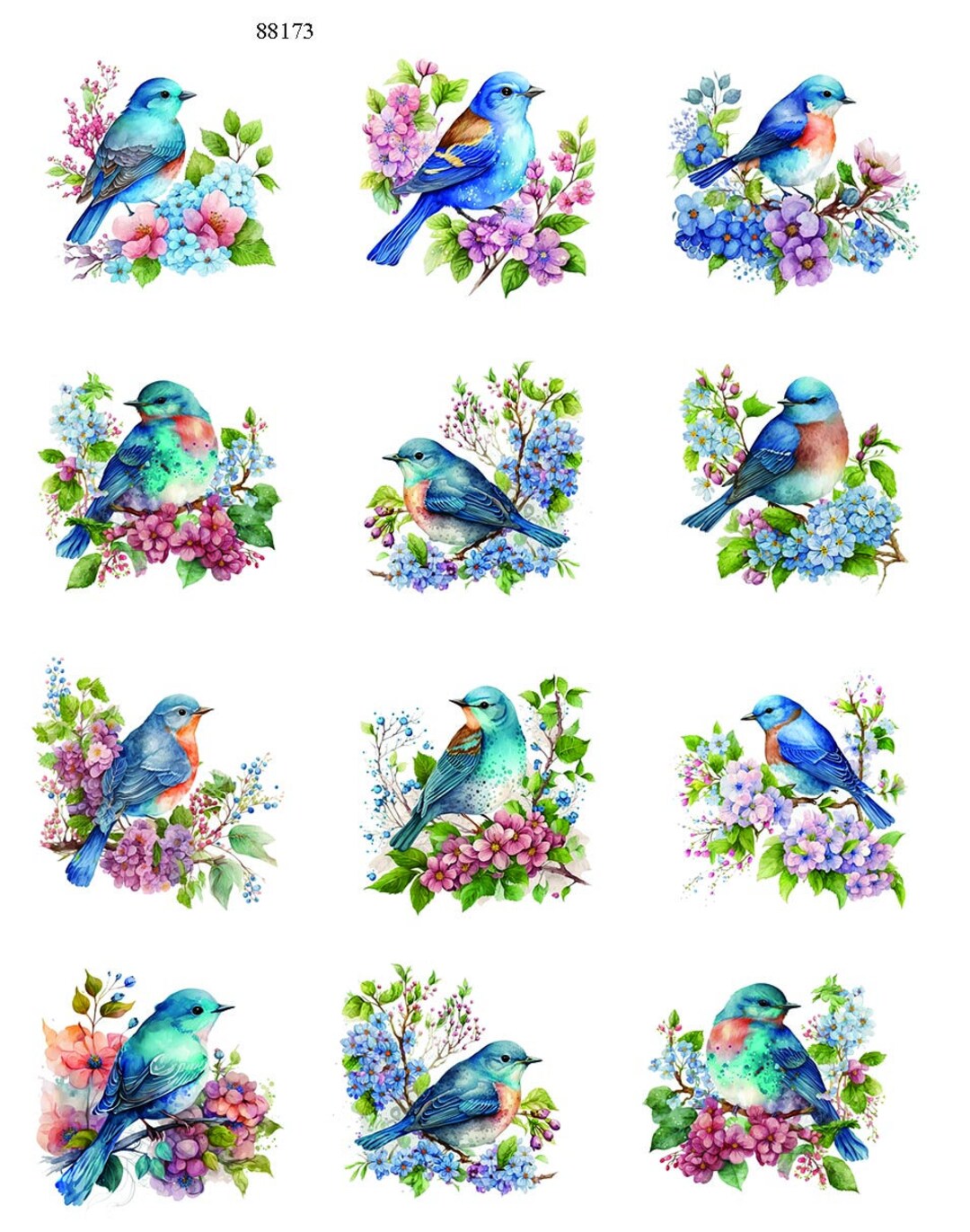 Colorful Blue Birds - Ceramic Decals- Enamel Decal - Glass Decal- 88173 ...