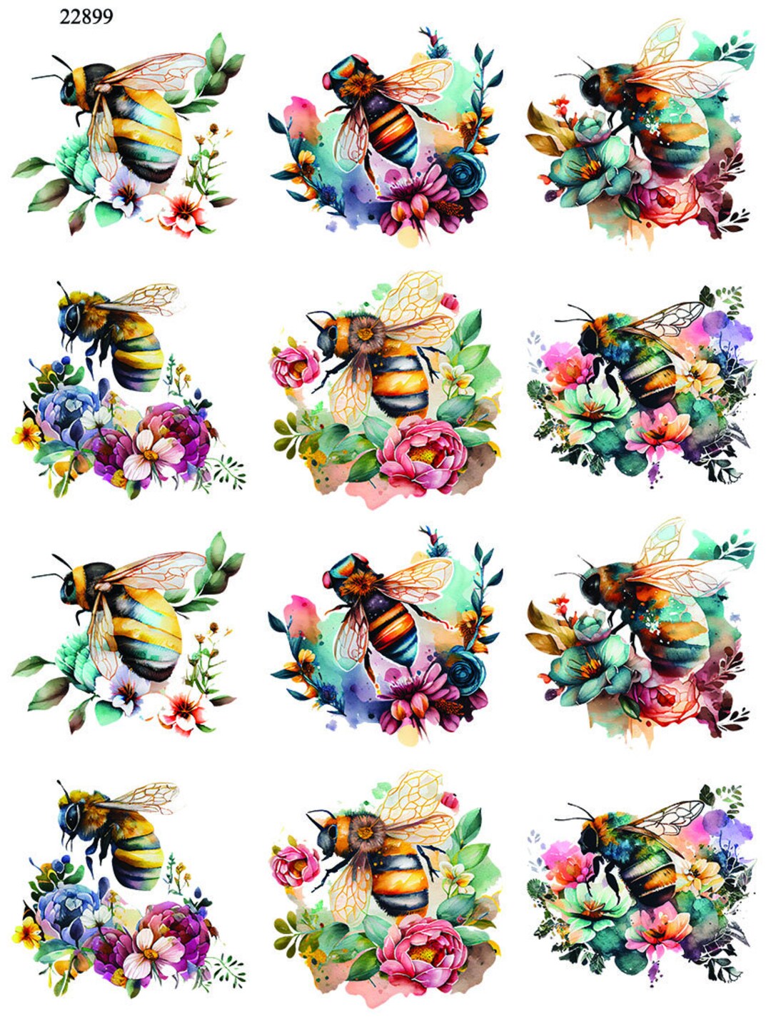 Floral Watercolor Bees - Ceramic Decals- Enamel Decal - Fusible Decal ...