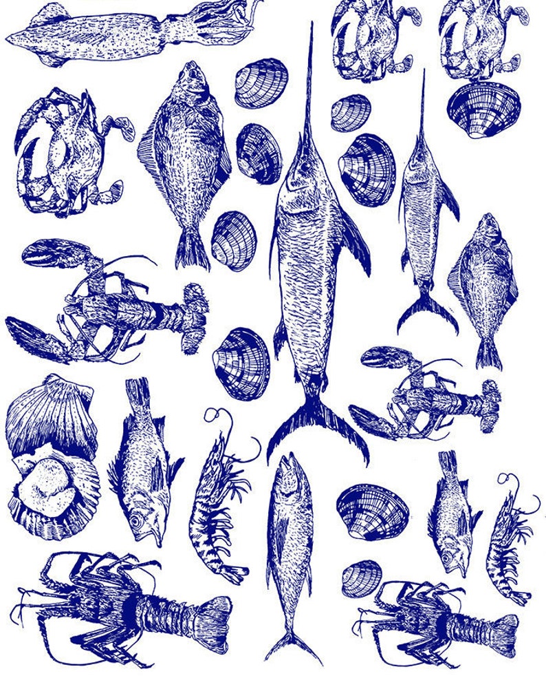 Seafood in Blue Ceramic Decals Enamel Decal Fusible Decal Glass Fusing ...