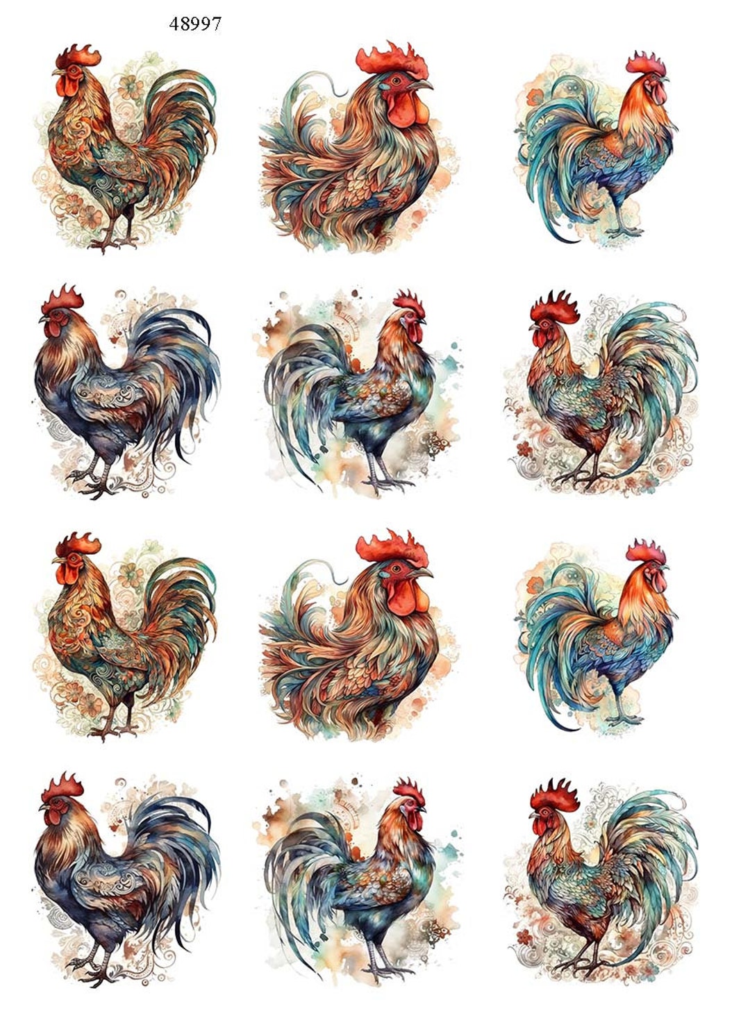 Watercolor Roosters- Ceramic Decals- Enamel Decal - Glass Decal- 48997 ...