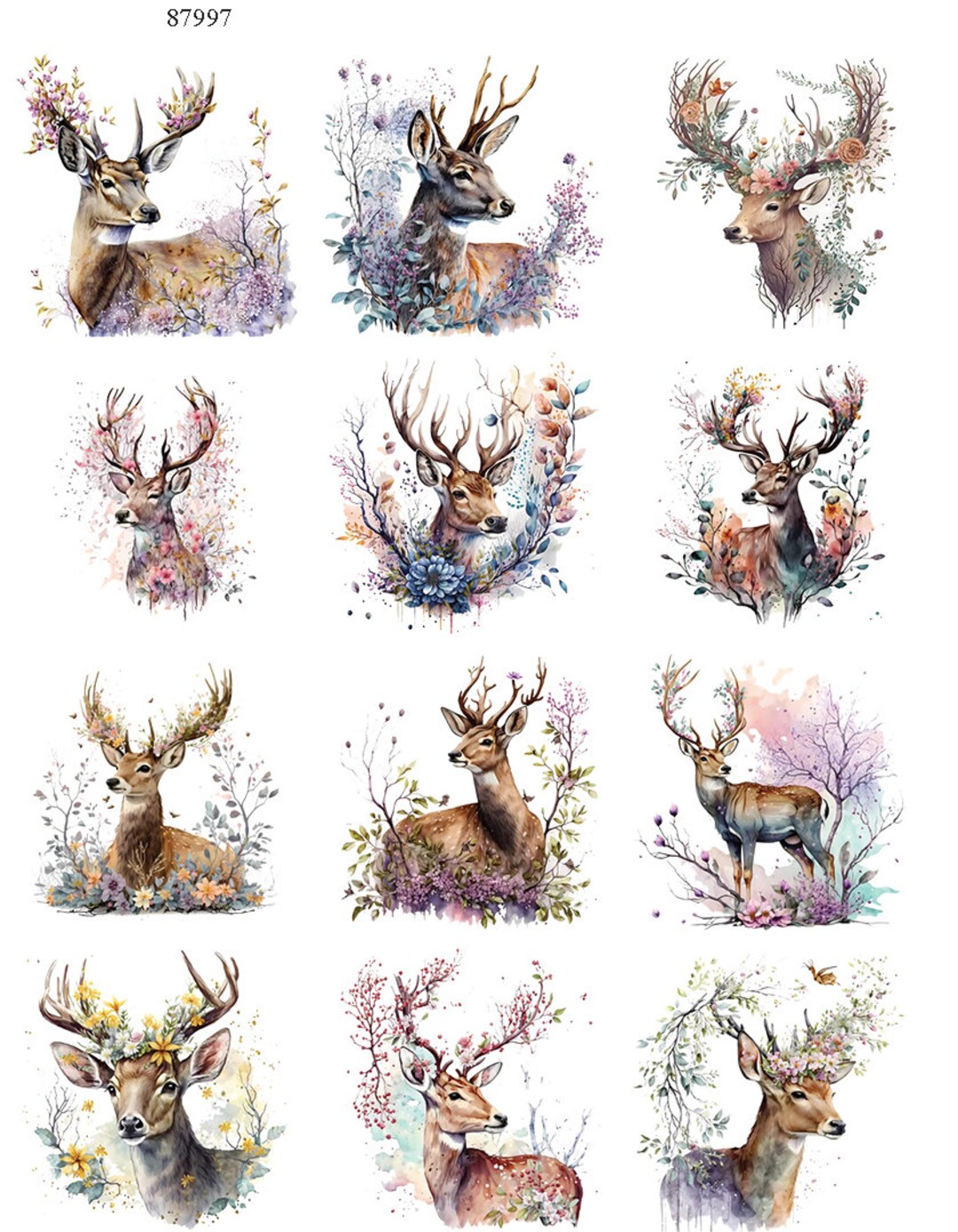 Watercolor Deer and Flowers - Buck - Ceramic Decals- Enamel Decal ...
