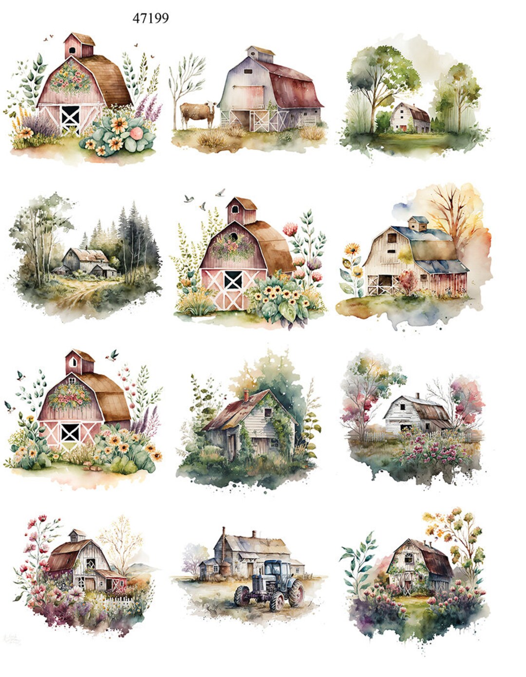 Watercolor Barns Farms - Ceramic Decals- Enamel Decal - Glass Decal ...