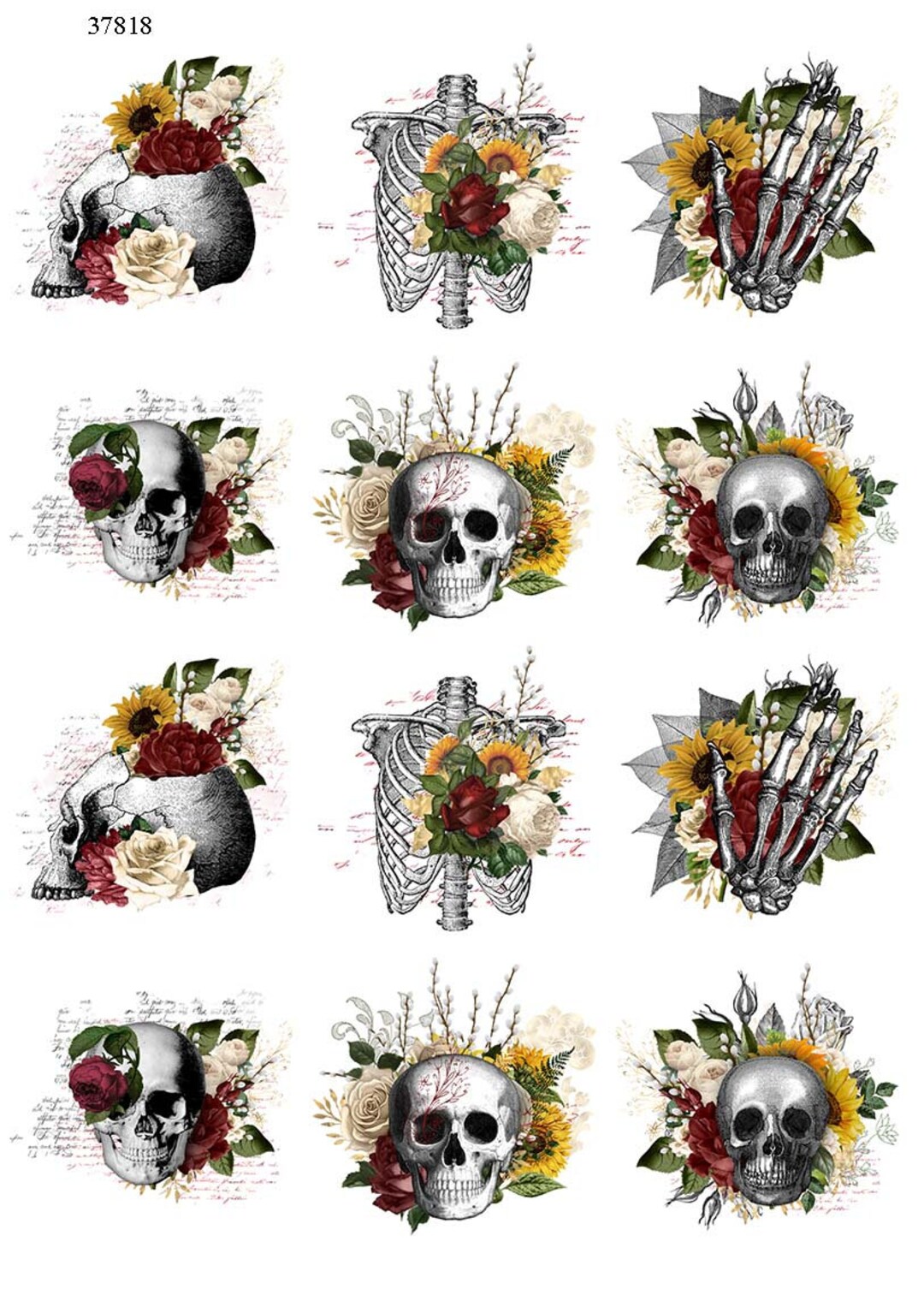 Gothic Skulls and Flowers - Ceramic Decals- Enamel Decal - Glass Decal ...