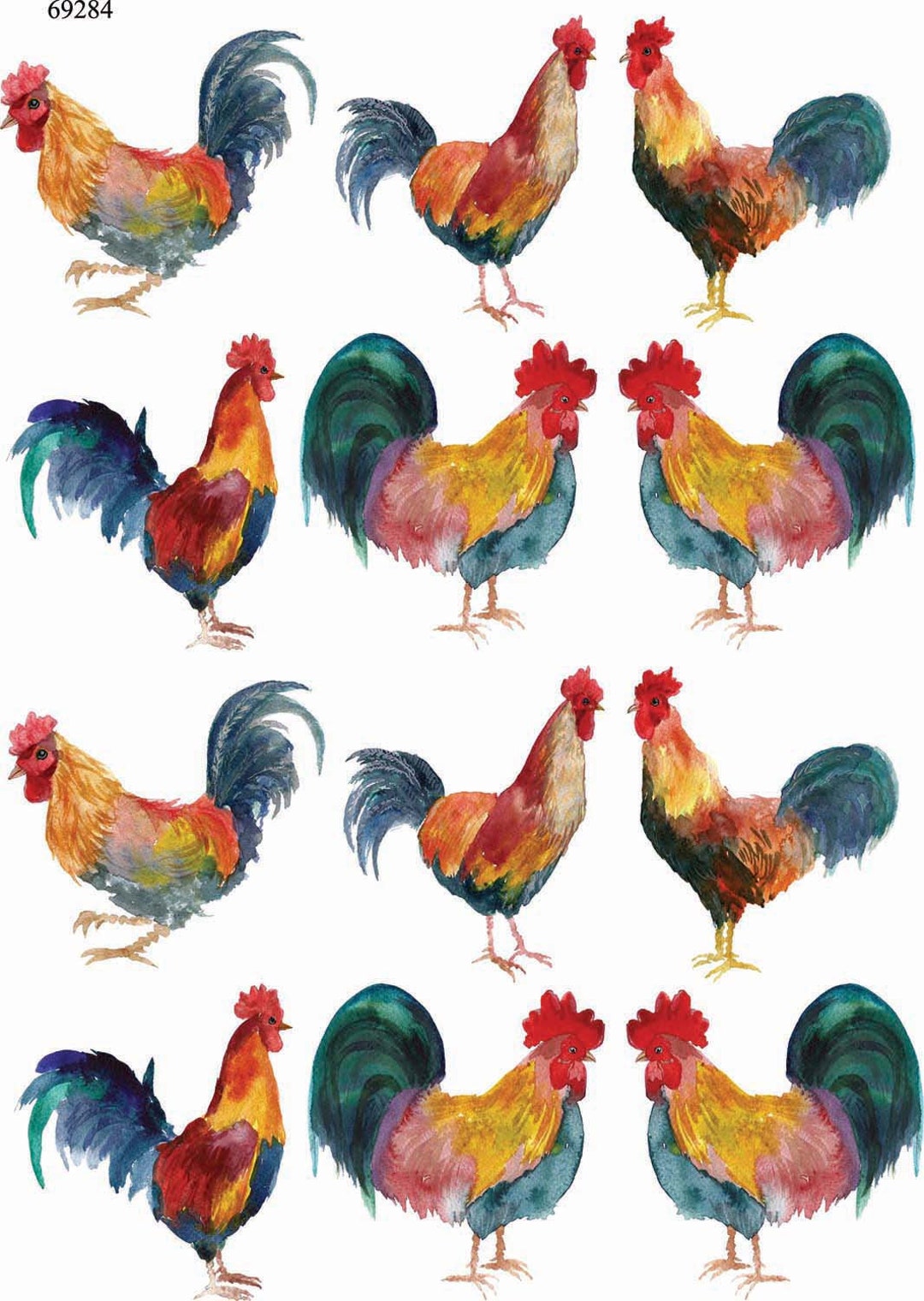 Watercolor Roosters - Ceramic Decals- Enamel Decal - Glass Decal- 69284 ...