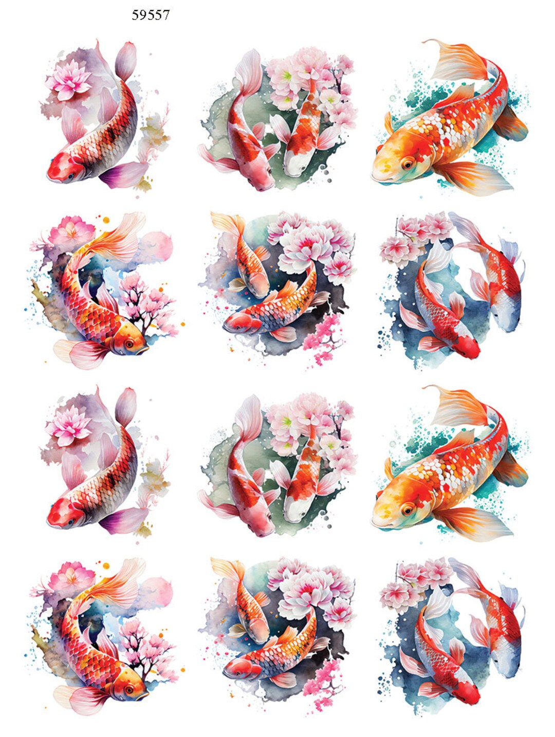 Koi and Cherry Blossoms - Ceramic Decals- Enamel Decal - Fusible Decal - Glass Fusing Decal ...