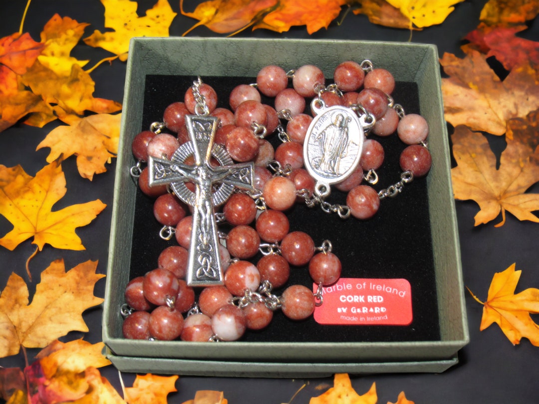 Authentic Irish Cork Red Marble Rosary Beads With Celtic Crucifix St ...