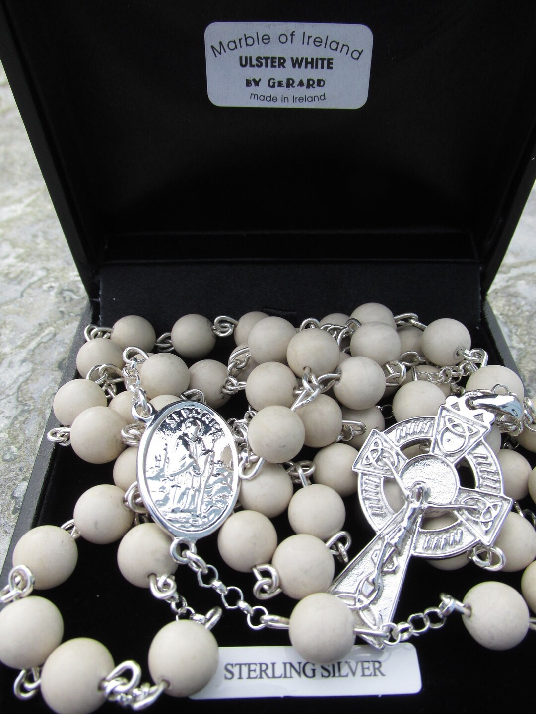 GENUINE Ulster White Marble/sterling Silver Rosary Beads Celtic Cross ...