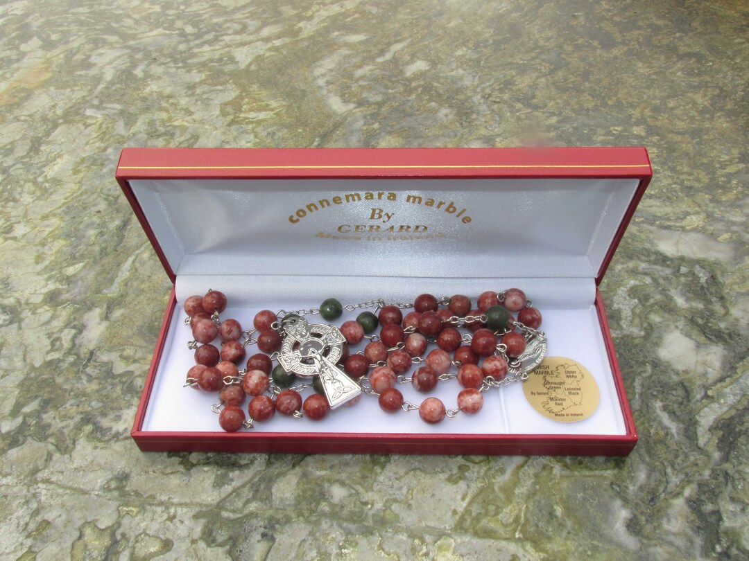 GENUINE Connemara Marble Cork Red Marble Rosary Beads Guaranteed Irish ...