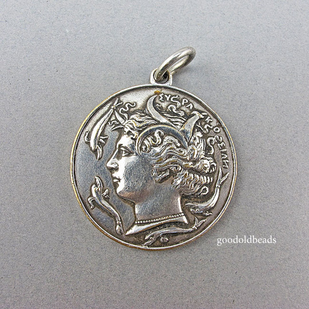 Vintage Pendant Silver Plate Embossed Pendant Greco Roman Motif Pendant ...