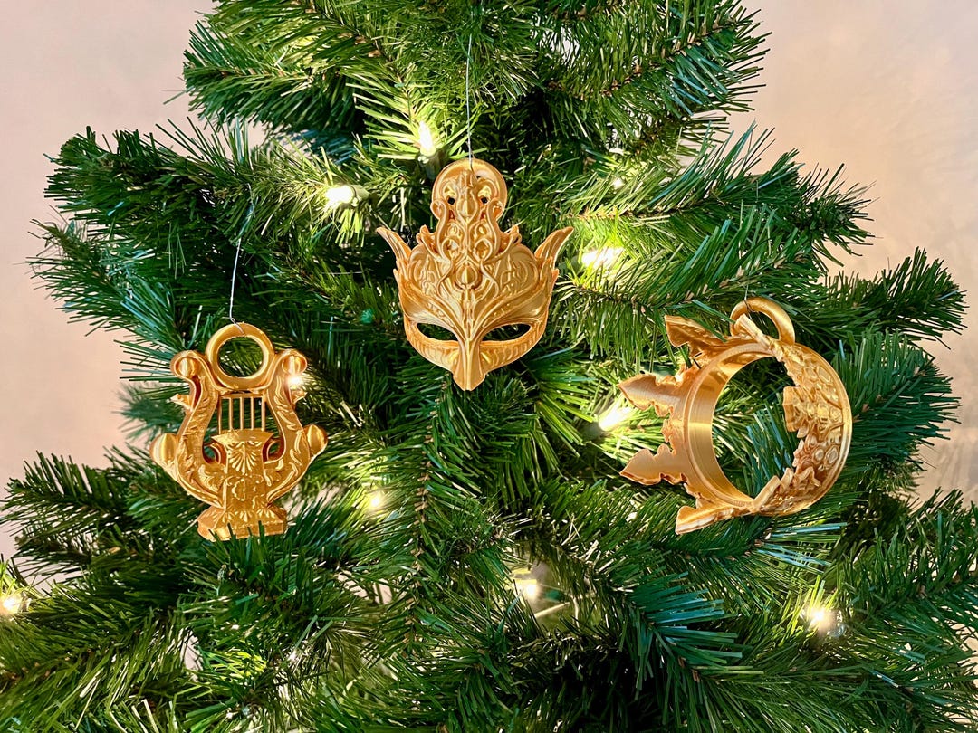 Golden Fae Trove Christmas Ornament Set - Golden Harp, Mask, and Crown ...