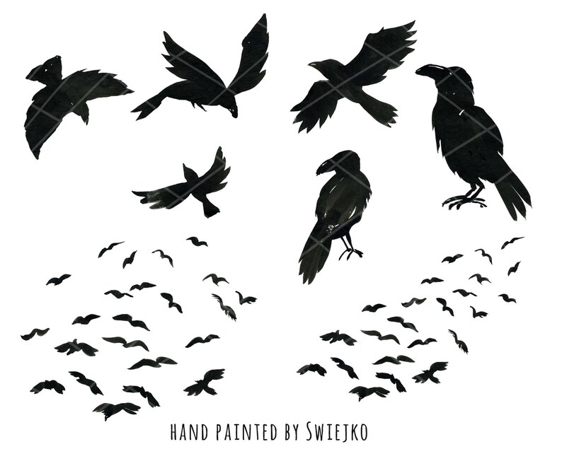 Watercolor Halloween Clipart, Digital Watercolour, Birds Silhouette ...