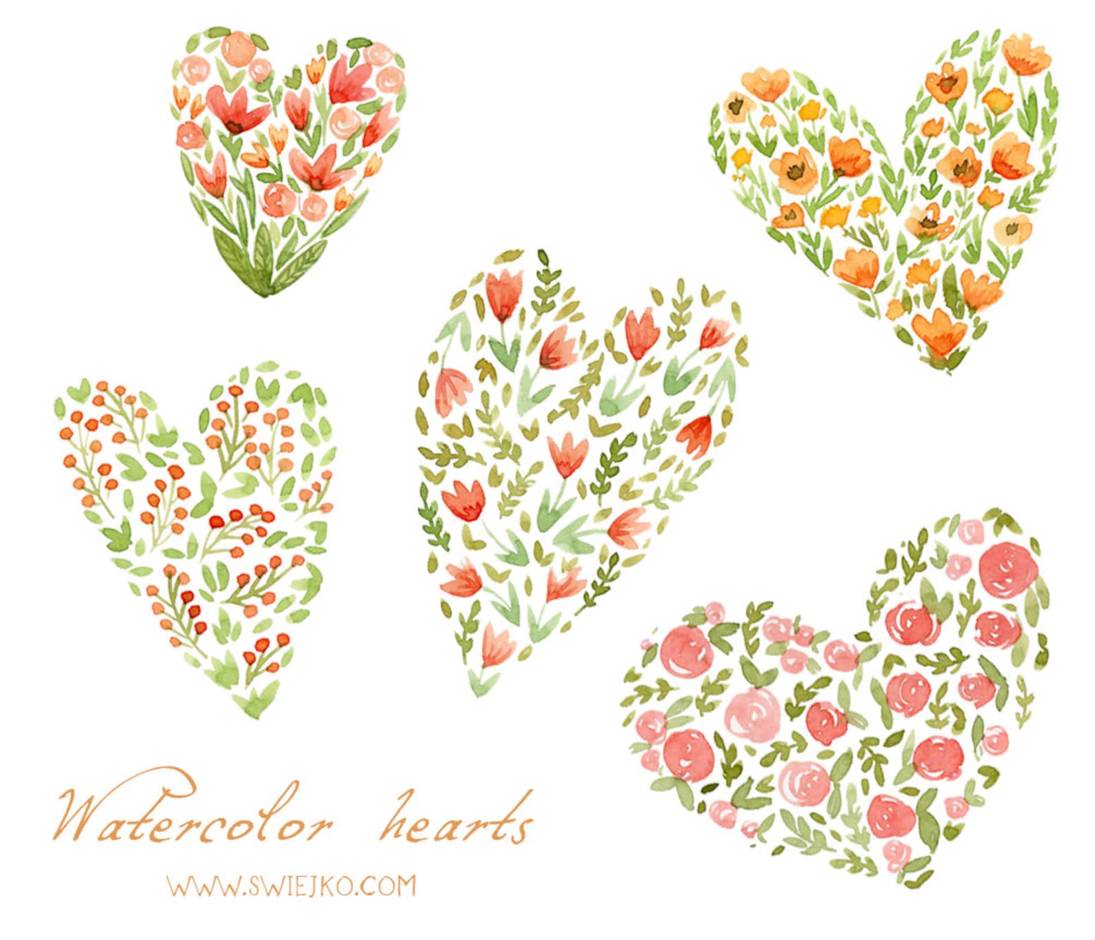 Digital Clipart watercolor Hearts Watercolor Flowers Hand - Etsy