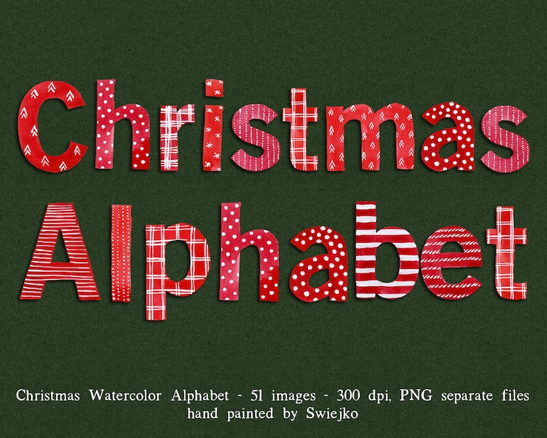 Christmas Alphabet Watercolor Clipart Typography Letters - Etsy