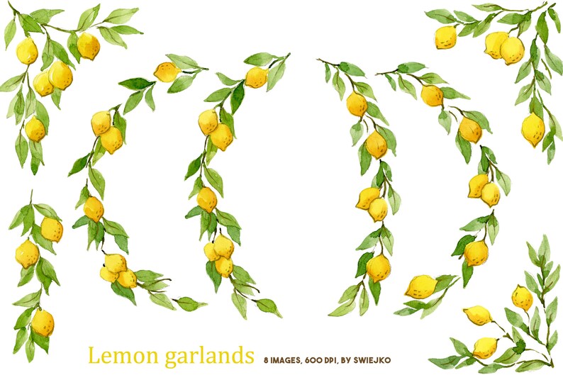 Watercolor Lemon Garland Clipart, Summer Fruits Wreath (digital ...