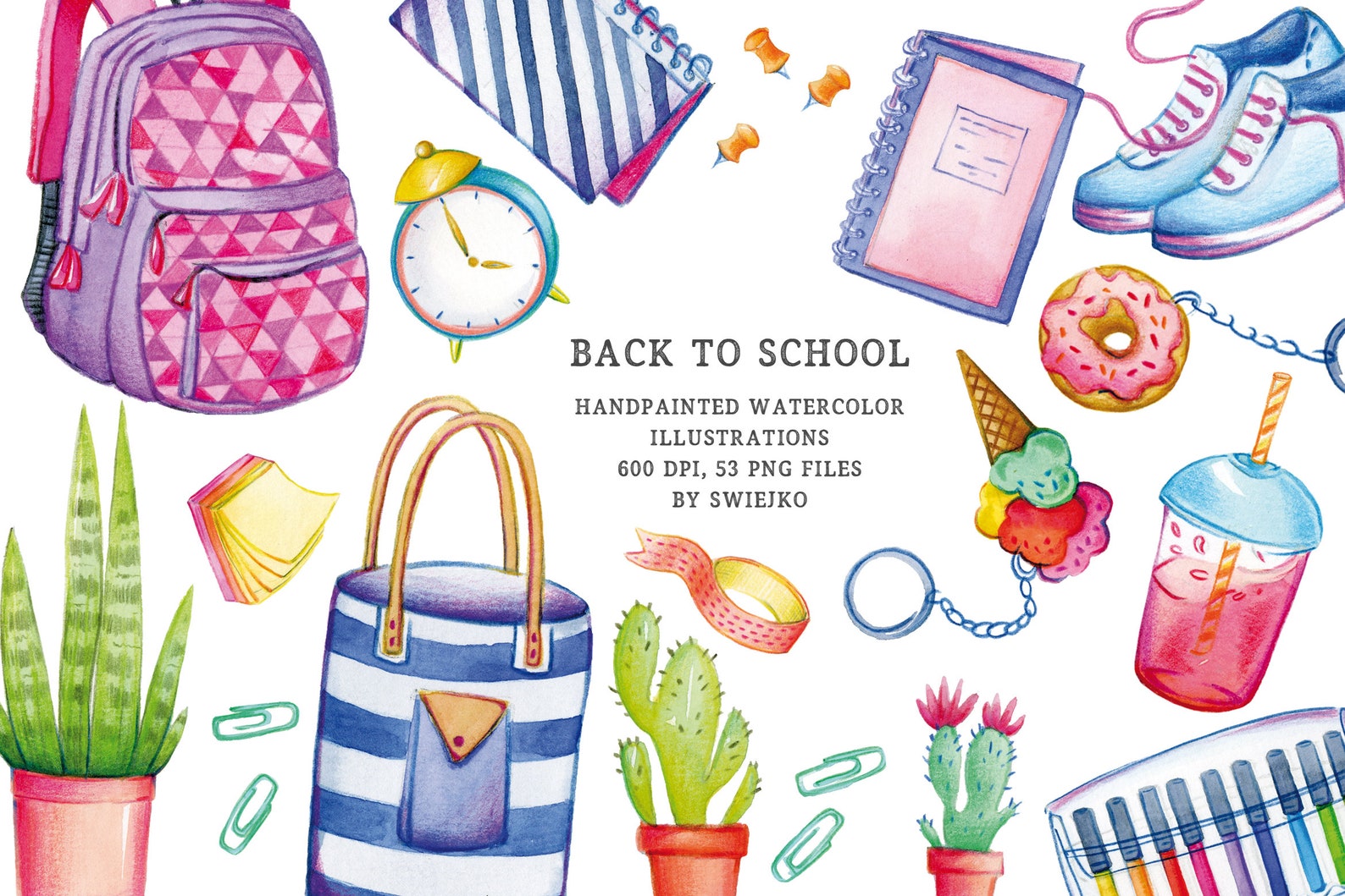 Watercolor Clipart Back to School Illustration Set - Etsy
