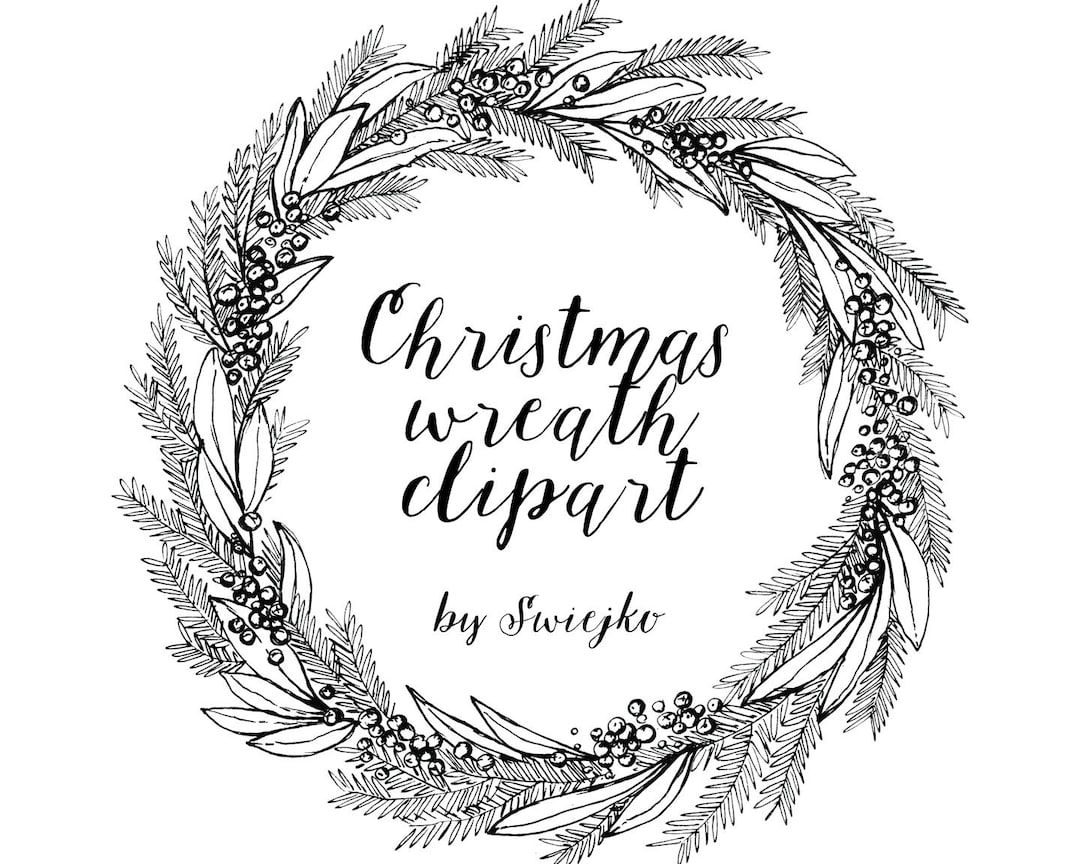 Christmas Wreath, Hand Drawn Clipart, Holiday Wreat, Mistletoe, Ink ...