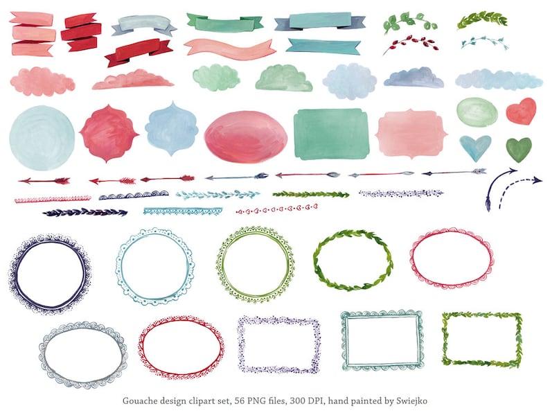 Digital Clipart, Watercolor Frames & Borders, Gouache Painted, Floral ...