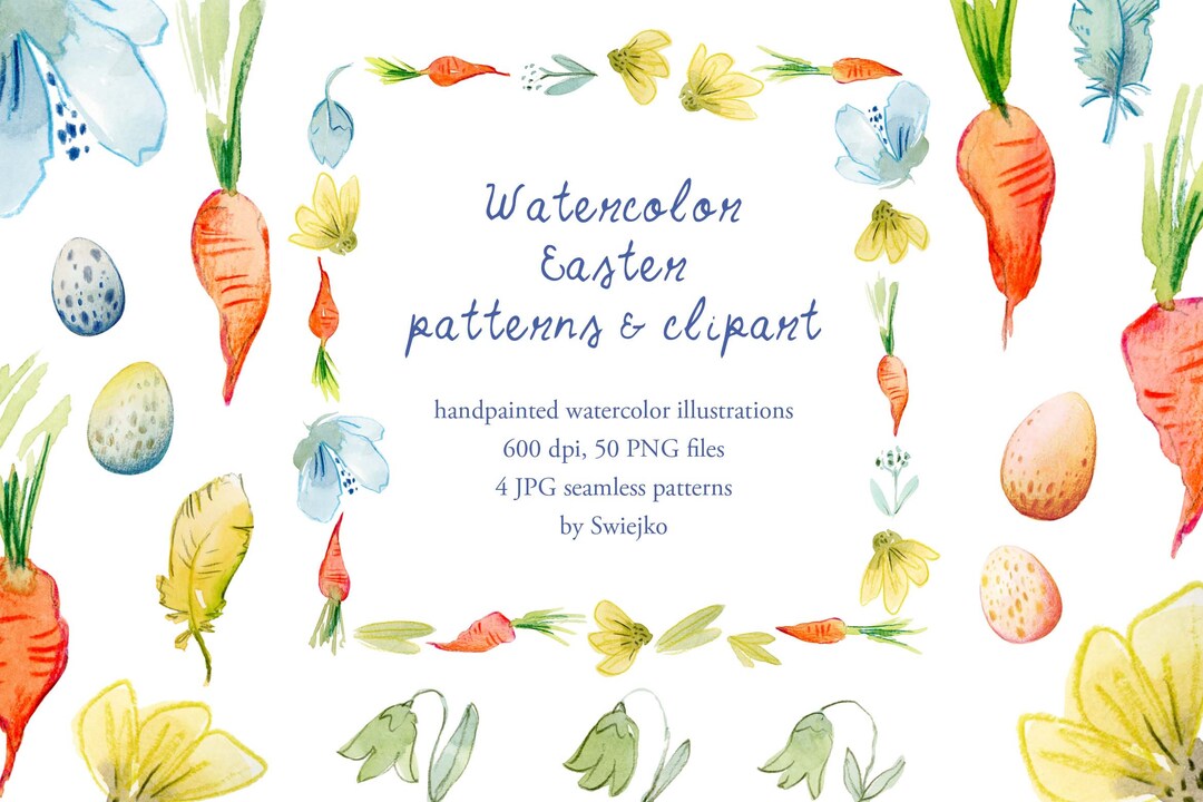 Easter Clipart Set, Spring Llustration, Carrots, Eggs, Flowers ...