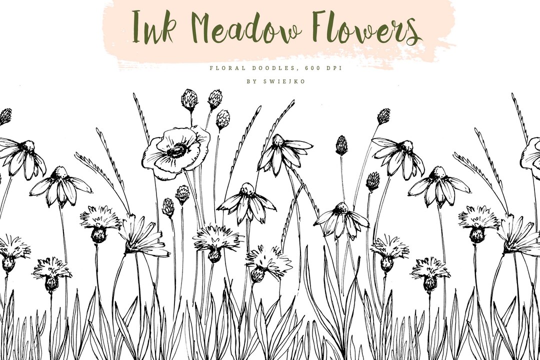 Floral Doodle Clipart, Ink Flowers, Meadow Clipart, Black and White ...