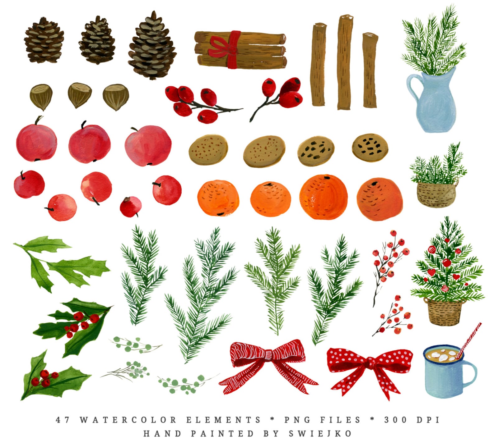 Christmas Watercolor Elements Digital Clip Art Holly - Etsy