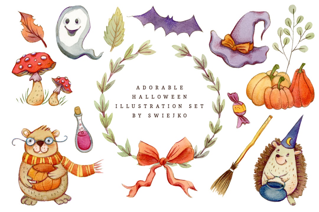 Halloween Clipart, Watercolor Clipart, Cute Creatures, Png, Digital ...