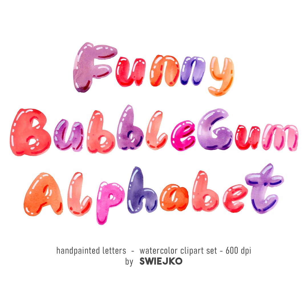 Watercolor Alphabet Clipart, Bubblegum, Baloon Style, Retro Typeface ...