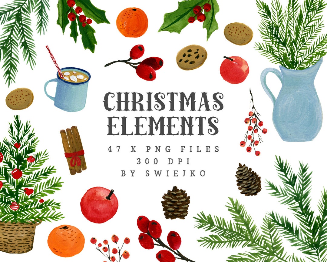 Christmas Watercolor Elements, Digital Clip Art, Holly Clipart, Holiday ...