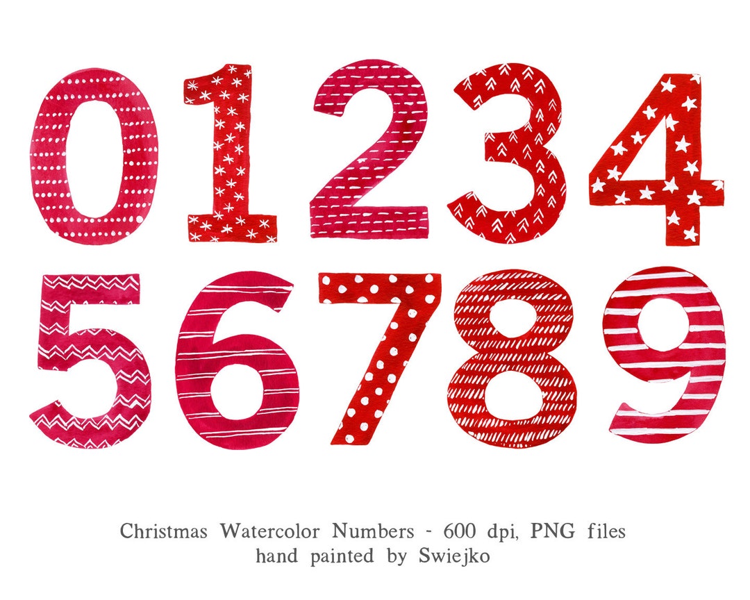 Christmas Numbers, Watercolor Clip Art, Typography, Letters, Holiday ...