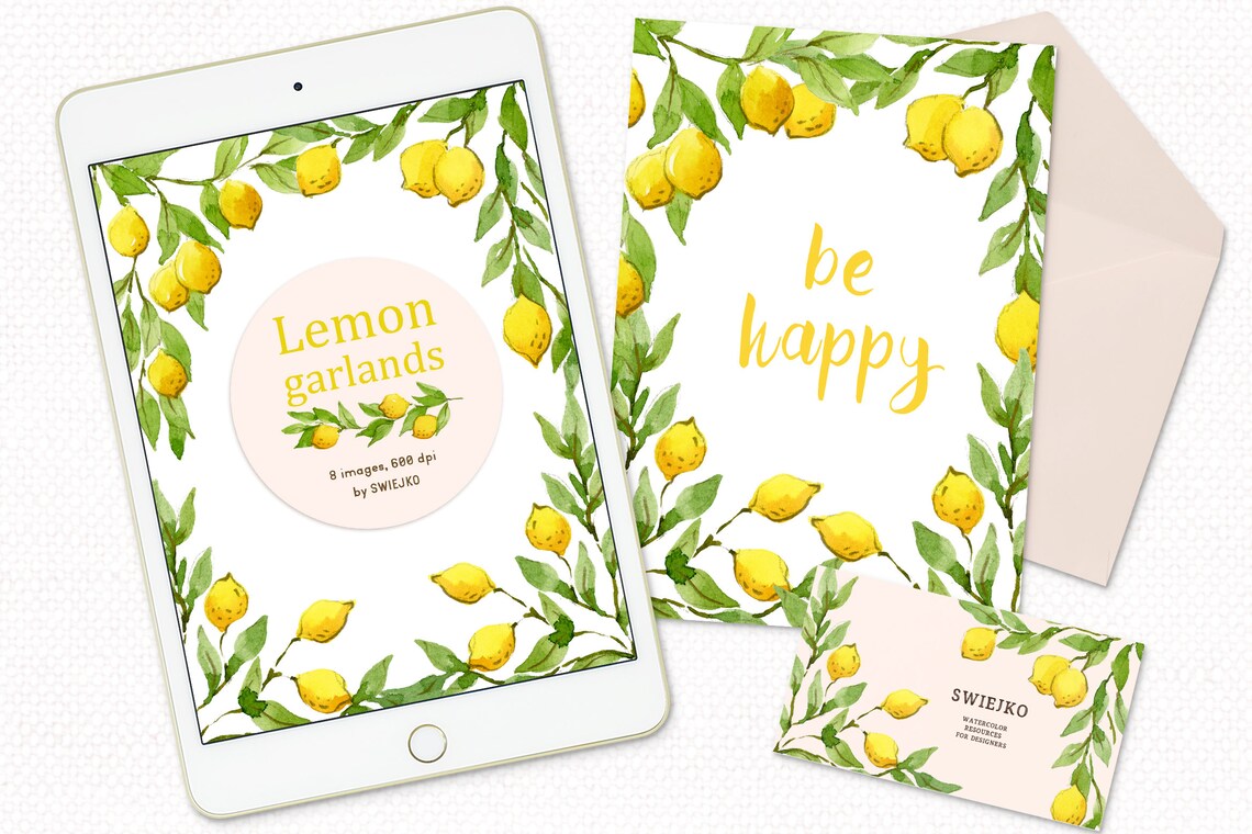 Lemon Garland summer digital clipart watercolor clipart | Etsy