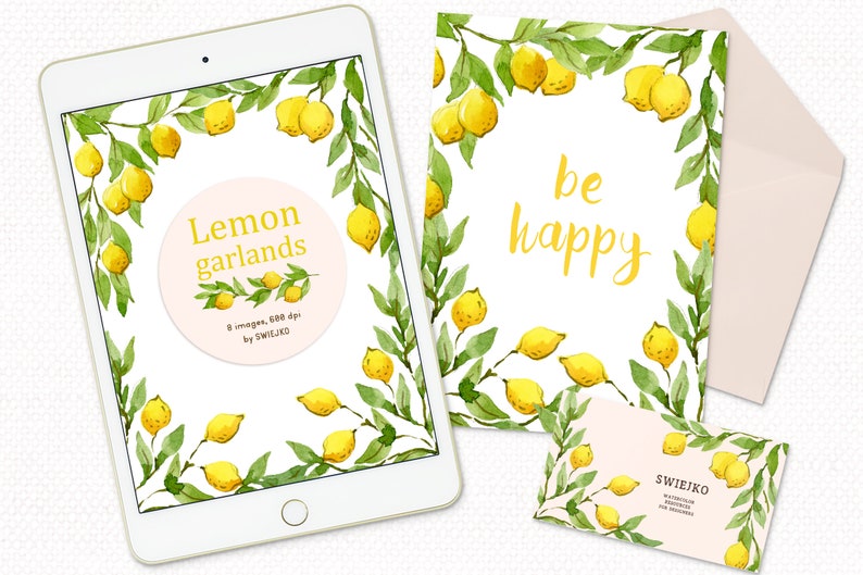 Lemon Garland summer digital clipart watercolor clipart | Etsy