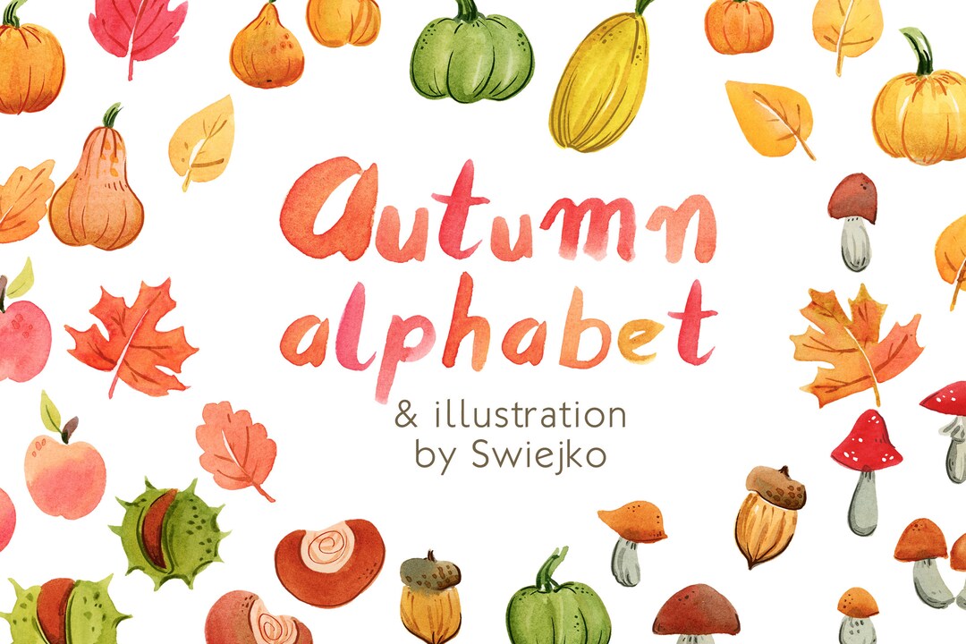 Watercolor Alphabet, Numbers, Autumn Illustrations, Hand Painted ...