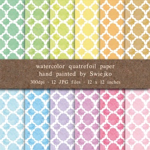 Watercolor Digital Paper, Watercolor Quatrefoil Set, Hand Painted ...