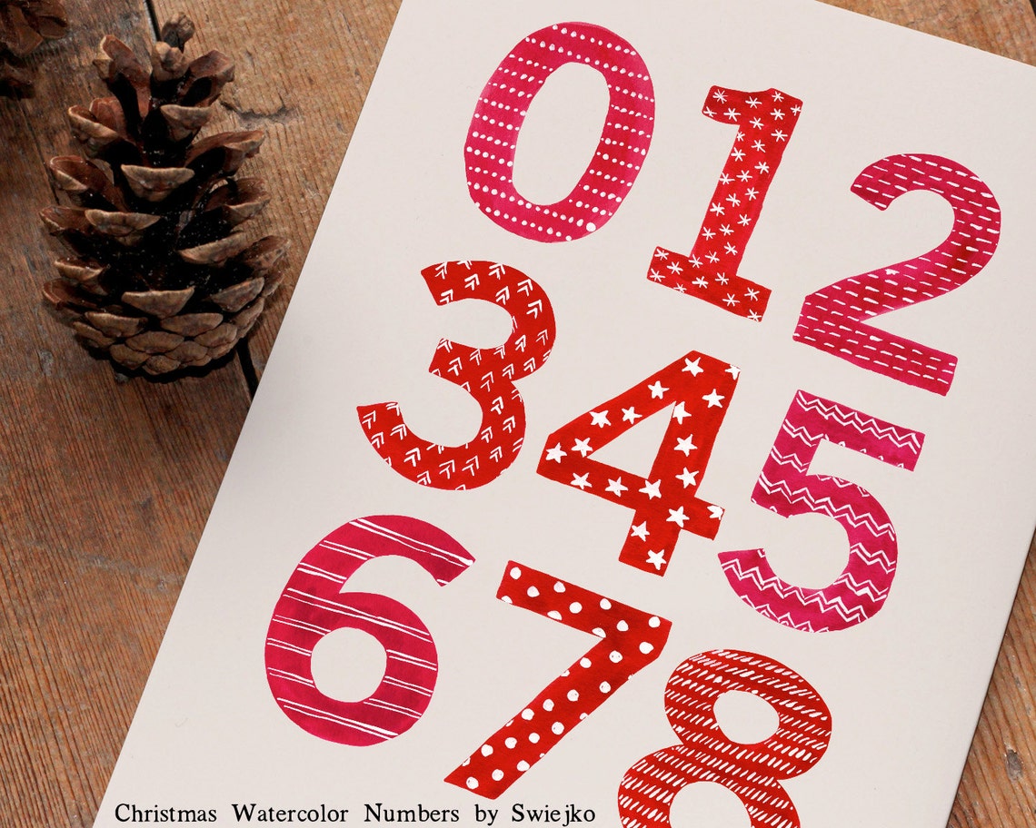 Christmas Numbers, Watercolor Clip Art, Typography, Letters, Holiday ...