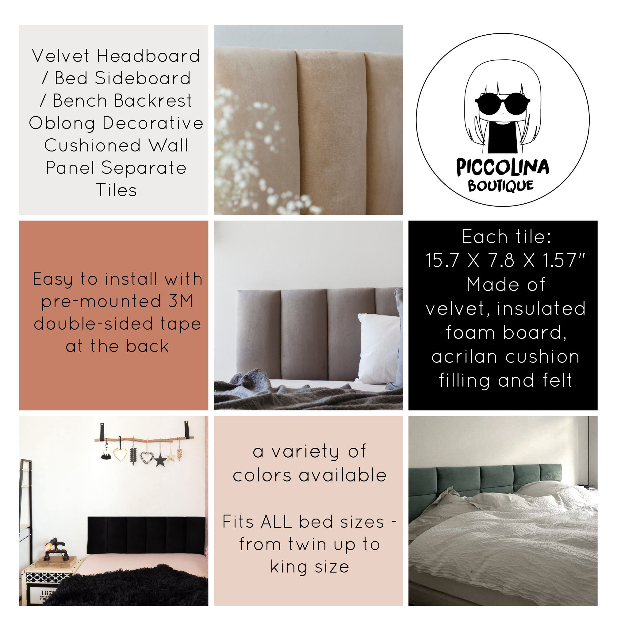 Velvet Headboard, 3D Soft Padded Wall Cushion Panels, Solid Colors ...