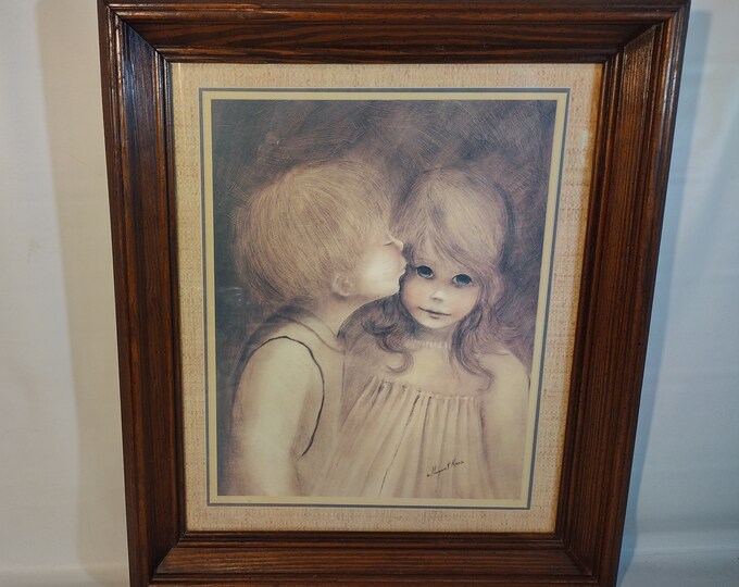 Margaret Kane, Little Kiss Mid-century Big Eyed Boy and Girl Art Print in 17 X 20 Wood Frame - Etsy