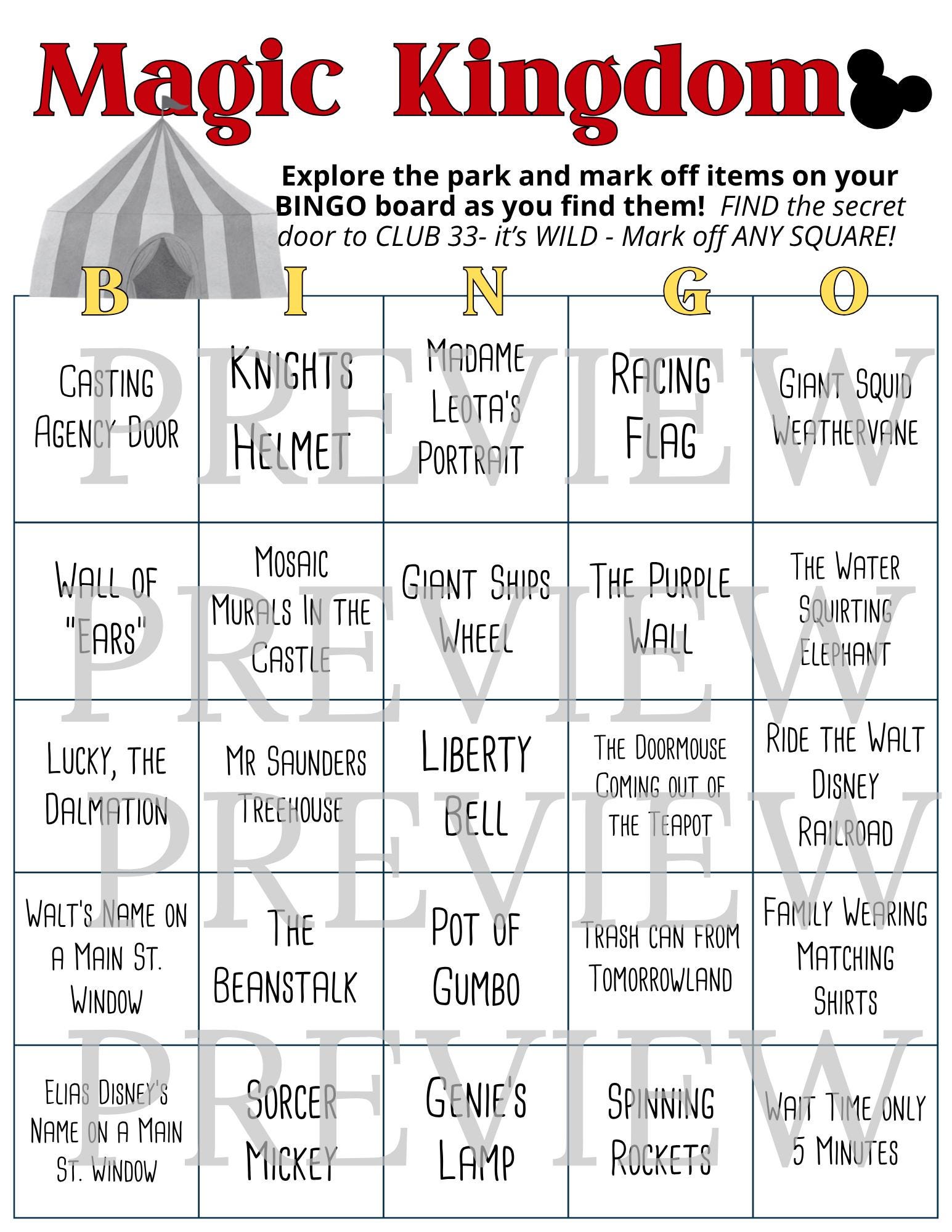 Magic Kingdom BINGO Game Printable | Unique Disney World Scavenger Hunt ...