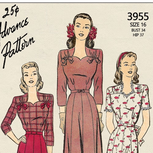 1940s Charming Tea Dress PDF Print at Home Pattern Bust 36 - Etsy