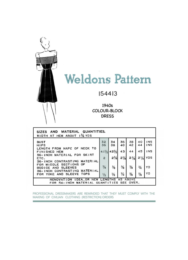 1940s Colour Block Dress PDF Sewing Pattern Bust 32 - Etsy