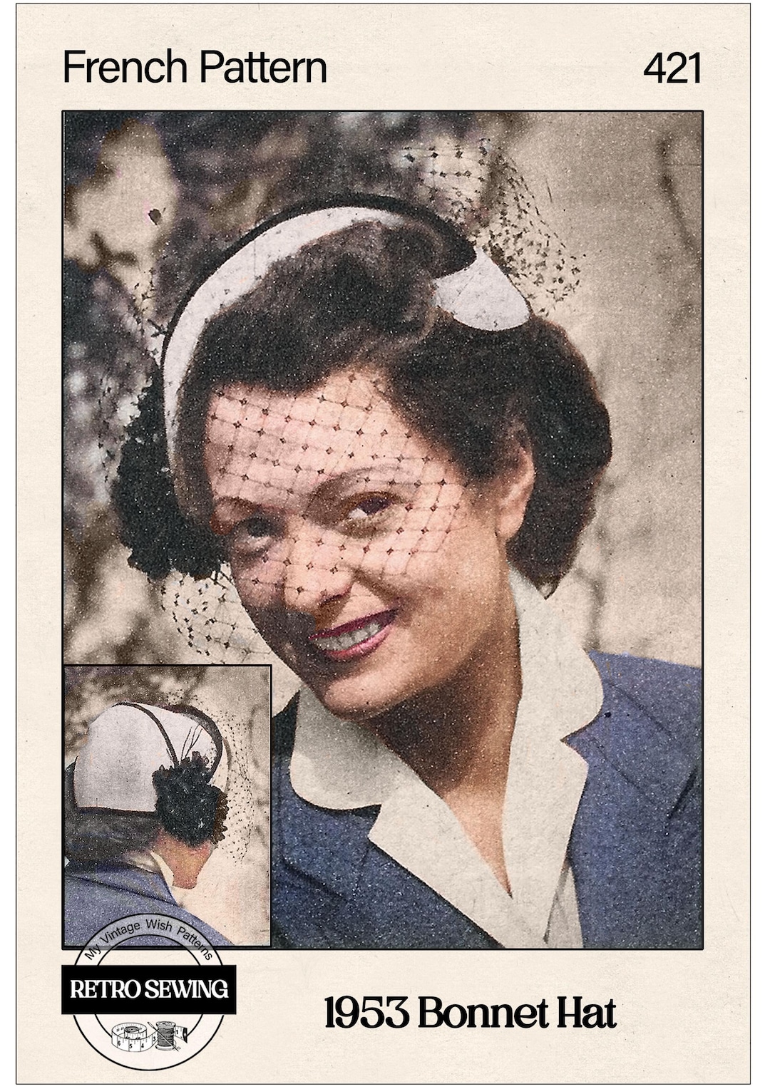 1950s Vintage French Hat Sewing Pattern PDF | Chic City Hat With Veil ...