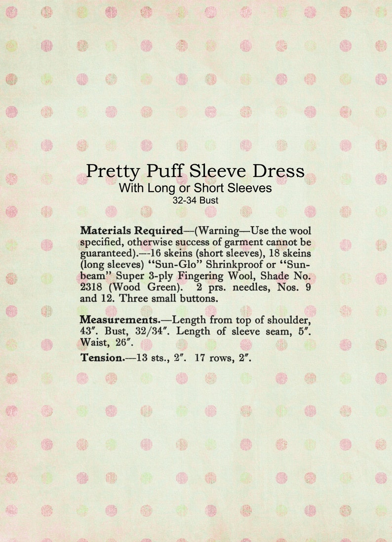 1940's Pretty Puff Sleeve Dress PDF Knitting Pattern Bust - Etsy