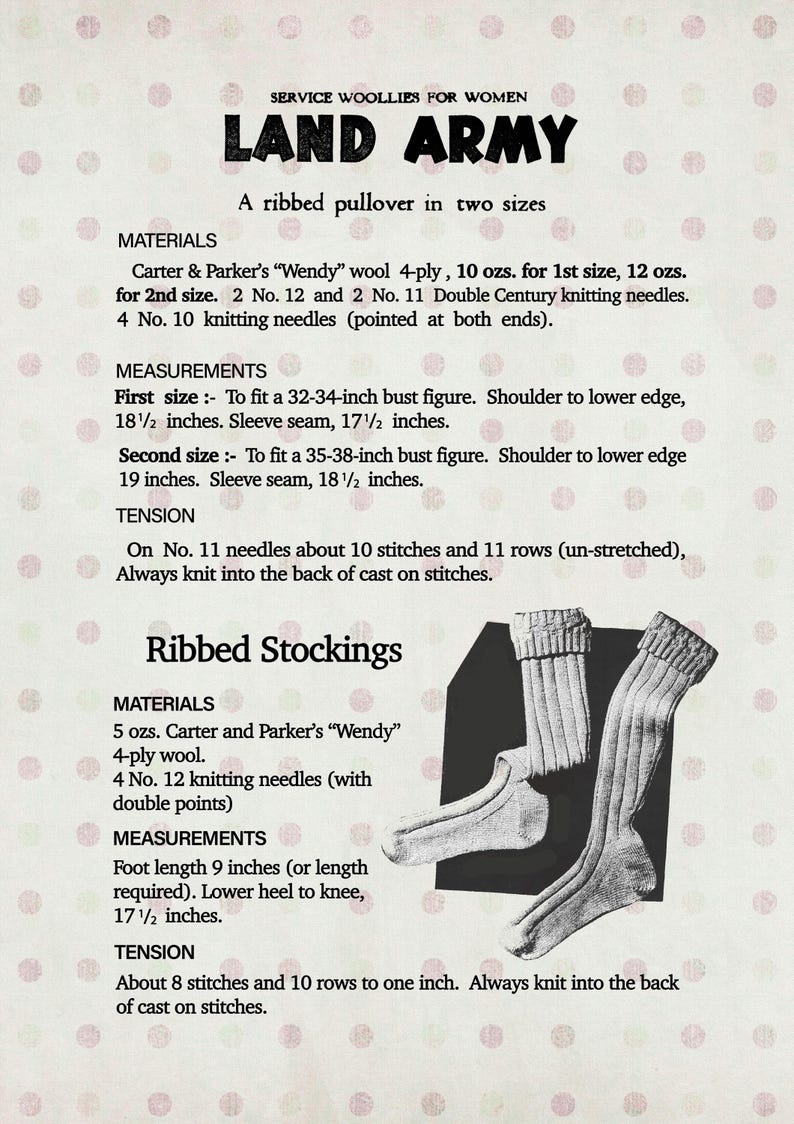 1940s Land Army V-neck Sweater and Socks PDF Knitting Pattern - Etsy UK