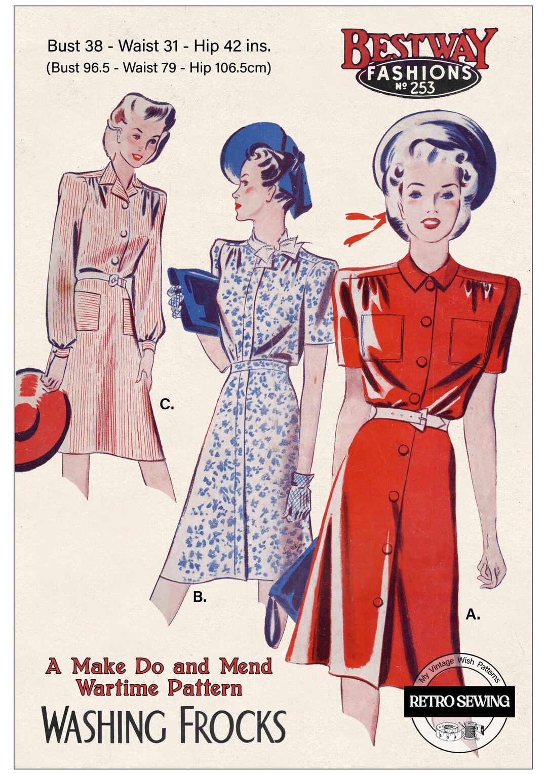 1940s Make Do and Mend Wash Frocks Sewing Pattern | Bust 38" (96.5cm) | Vintage Dress | PDF ...