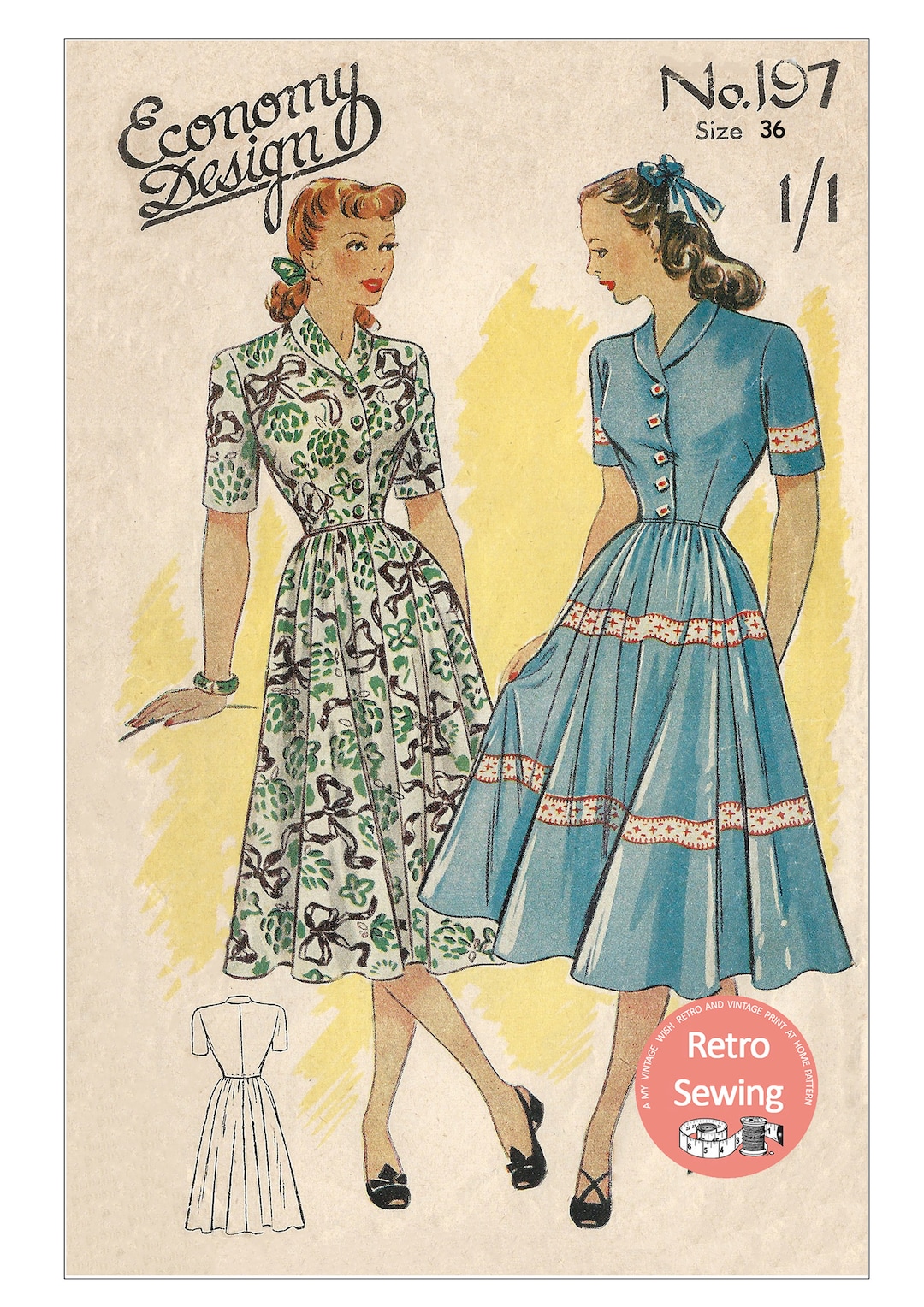 1940's Roll Collar Button Front Tea Dress PDF Sewing Pattern Bust 36 - Etsy