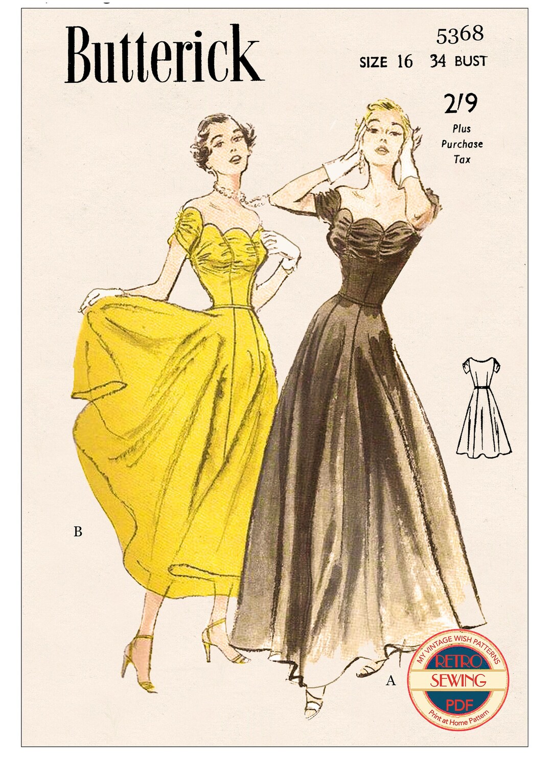 1950s Party Dress Vintage PDF Sewing Pattern Bust 34 - Etsy