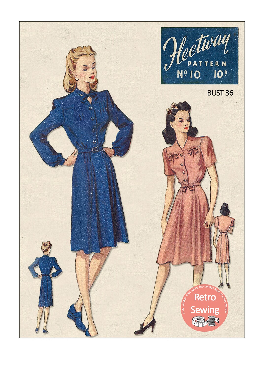 1940's Wartime Tea Frock Ready Printed Sewing Pattern Bust 36 - Etsy