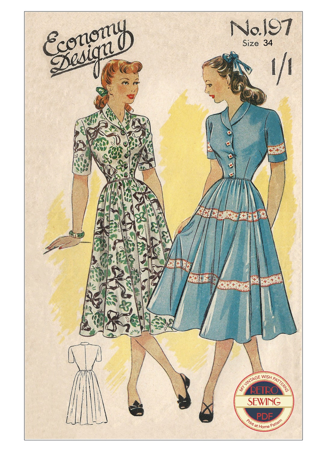 1940s Roll Collar Button-up Tea Dress PDF Sewing Pattern Bust 34 - Etsy